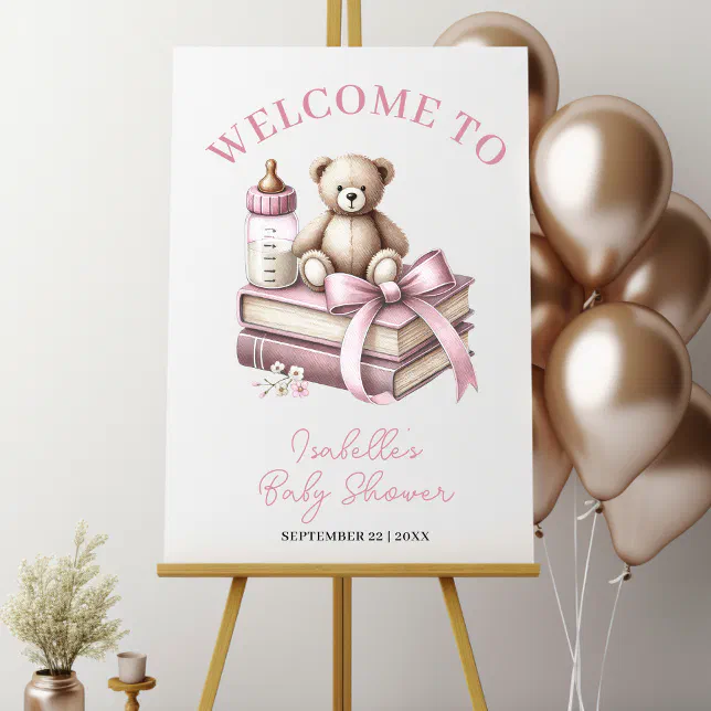 Pink Girl Teddy Bear Baby Shower Welcome Sign | Zazzle