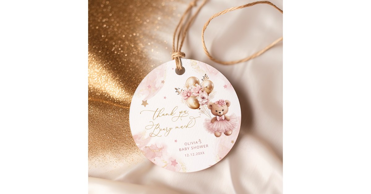 Pink Girl Teddy Bear Balloons Thank You Beary Much Favor Tags | Zazzle