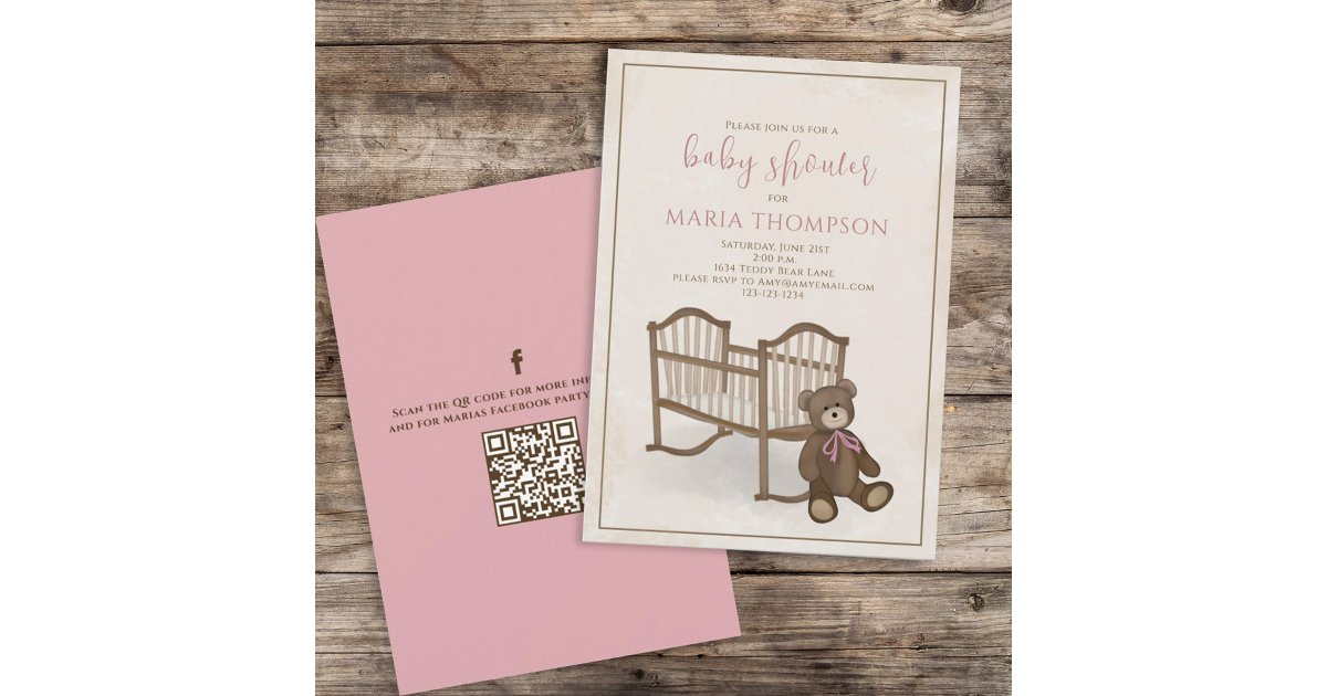 Pink Girl Vintage Teddy Bear QR Code Social Media Invitation | Zazzle