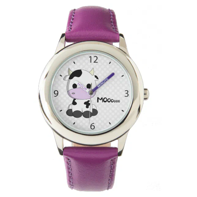 Pink girl watch with cute cow cartoon | Zazzle