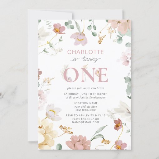 Pink Girl Wildflower Turning One 1st Birthday Invitation | Zazzle