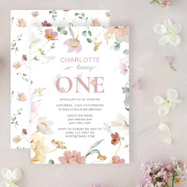 Pink Girl Wildflower Turning One 1st Birthday Invitation | Zazzle