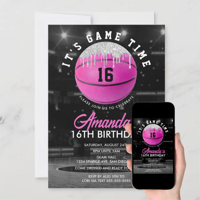 Pink Girls Basketball Birthday Invitation | Zazzle