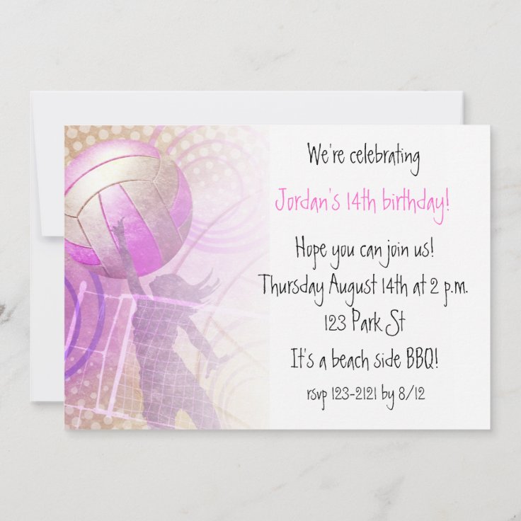 Pink girls' birthday volleyball party invitation | Zazzle