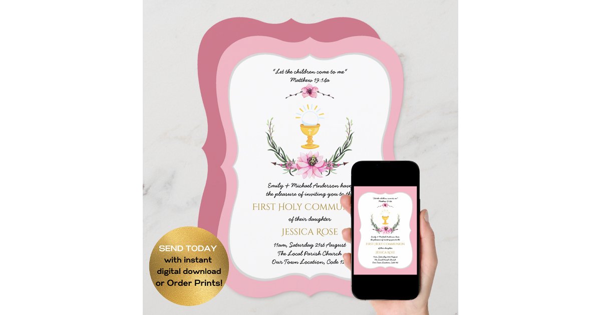 Pink Girls First Holy Communion Invitations Floral | Zazzle