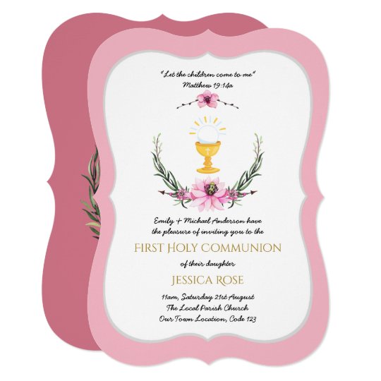 Pink Girls First Holy Communion Invitations Floral | Zazzle.com