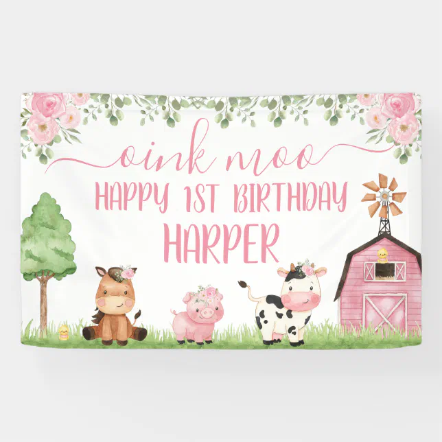 Pink Girls Floral Barn Farm Animals Happy Birthday Banner | Zazzle
