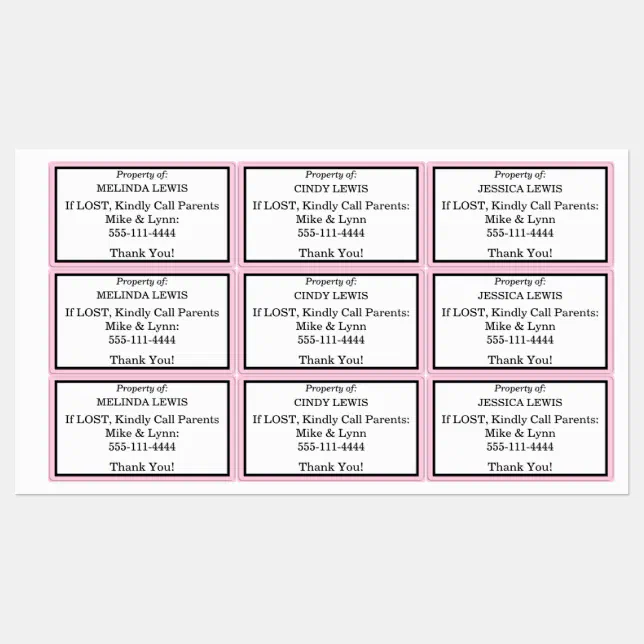 Pink Girls Lost Found Identification Kids' Labels | Zazzle