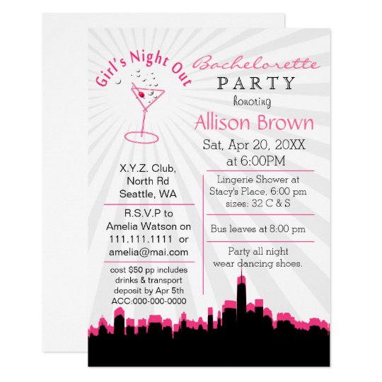 pink girls night out in city Bachelorette Party Invitation | Zazzle.com