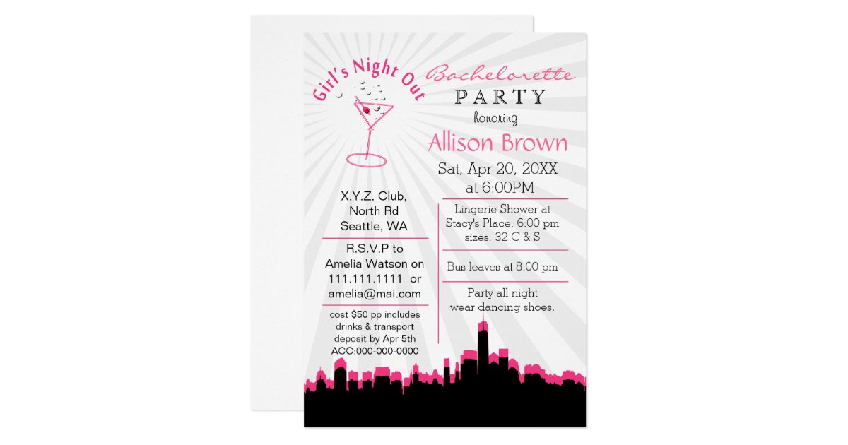 pink girls night out in city Bachelorette Party Invitation | Zazzle.com