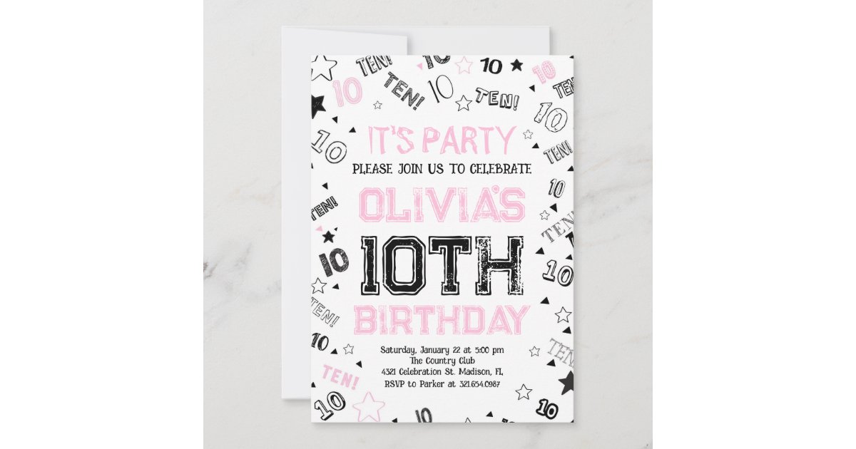 Pink Girls Number Ten Birthday Party Invitation | Zazzle