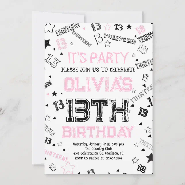 Pink Girls Number Thirteen Birthday Party Invitation | Zazzle