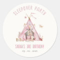 Pink Girls Tent Sleepover Slumber Birthday Party Classic Round Sticker ...