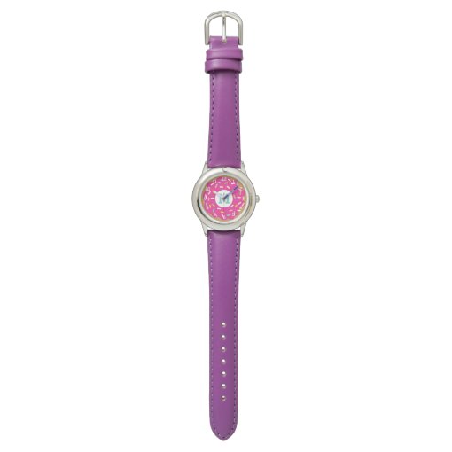 Pink girl's watch with cute pink sprinkled donut | Zazzle