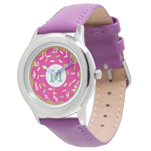 Pink girl's watch with cute pink sprinkled donut | Zazzle