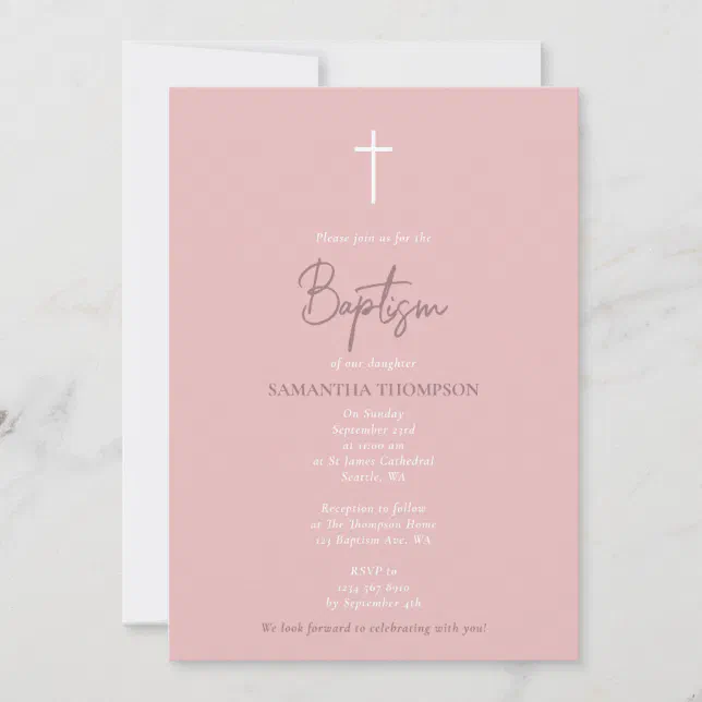 Pink Girly Baby Girl Calligraphy Baptism Invitation | Zazzle