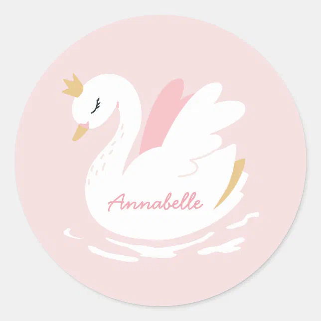 Pink girly cute swan elegant birthday personalized classic round ...