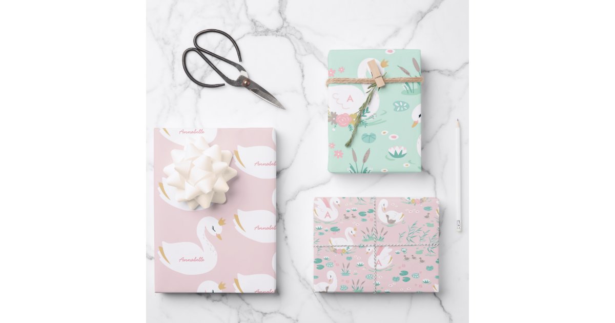 Pink girly elegant cute beautiful swan children's wrapping paper sheets ...