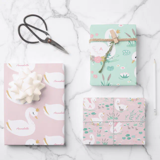 Pink girly elegant cute beautiful swan children's wrapping paper sheets ...
