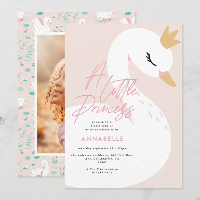 Pink girly elegant photo beautiful swan children invitation | Zazzle