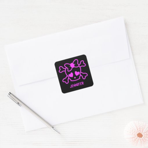 Pink girly emo skull with bow square sticker | Zazzle