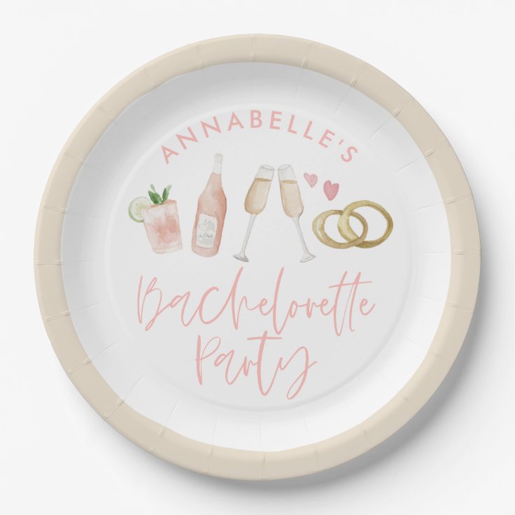 Pink girly modern cocktail script bachelorette pap paper plates | Zazzle