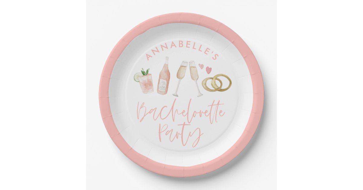 Pink girly modern cocktail script bachelorette paper plates | Zazzle