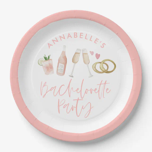 Pink girly modern cocktail script bachelorette paper plates | Zazzle
