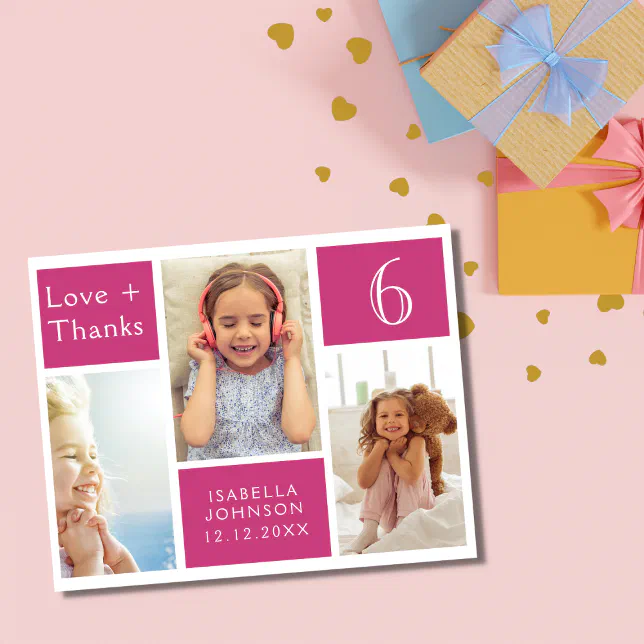 Pink Girly Photo Collage Birthday Love Thanks Thank You Card | Zazzle