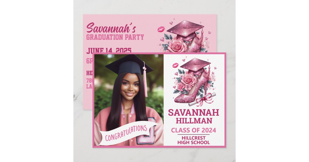 Pink Girly Photo Custom Luxury Graduation Invitation | Zazzle