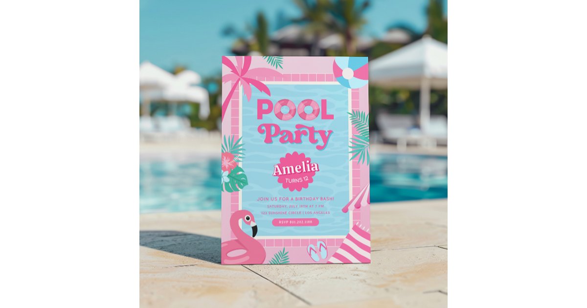 Pink Girly Tropical Pool Party Invitation | Zazzle