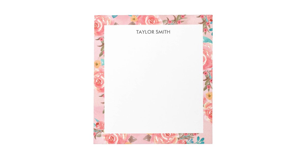 Pink Girly Watercolor Floral Pattern Personalized Notepad | Zazzle