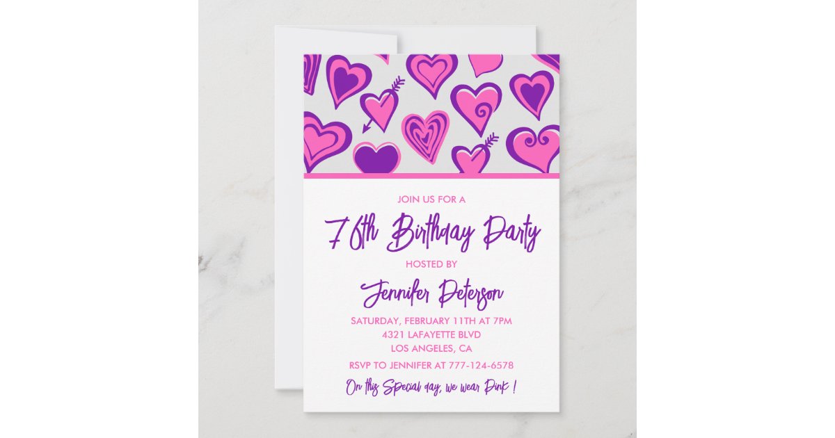 Pink Glam Heart Pattern 76th birthday invitations | Zazzle