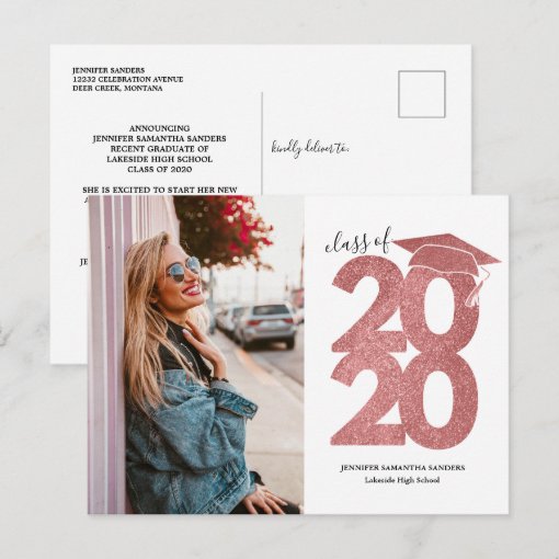 Pink Glitter 2020 Graduation Announcement Postcard | Zazzle