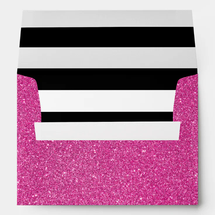 Pink Glitter and Black White Stripes Envelope | Zazzle