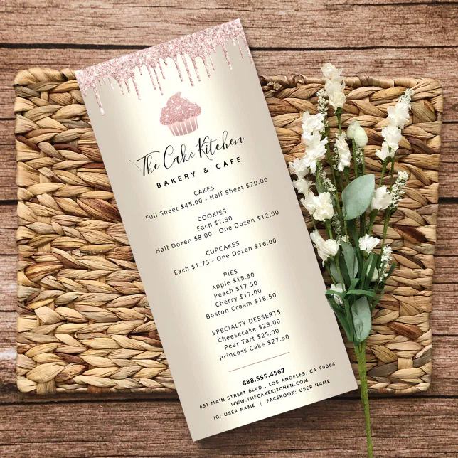 Pink Glitter Bakery Cupcake Gold Pastry Chef Menu | Zazzle