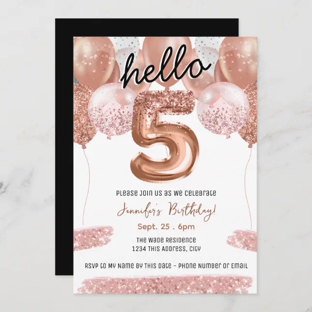 Pink Glitter Balloons 5th Birthday Party Invitation | Zazzle