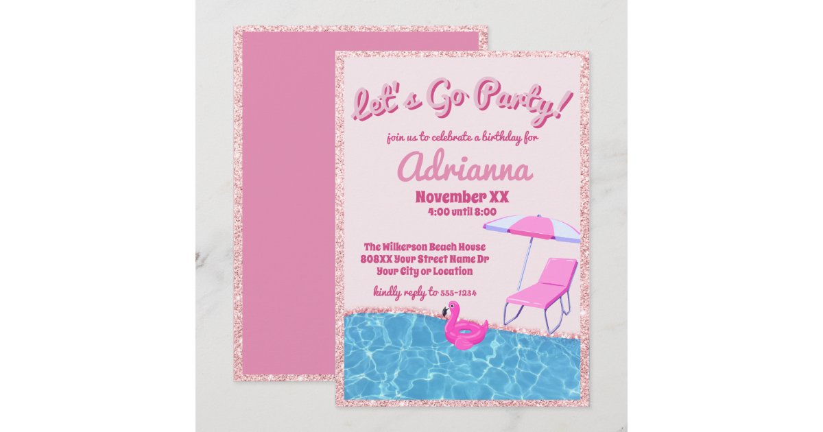 Pink Glitter Beach Party Invitation | Zazzle