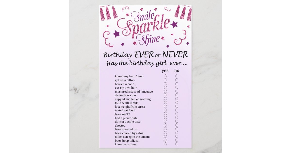 Pink glitter Birthday Ever or Never Game | Zazzle
