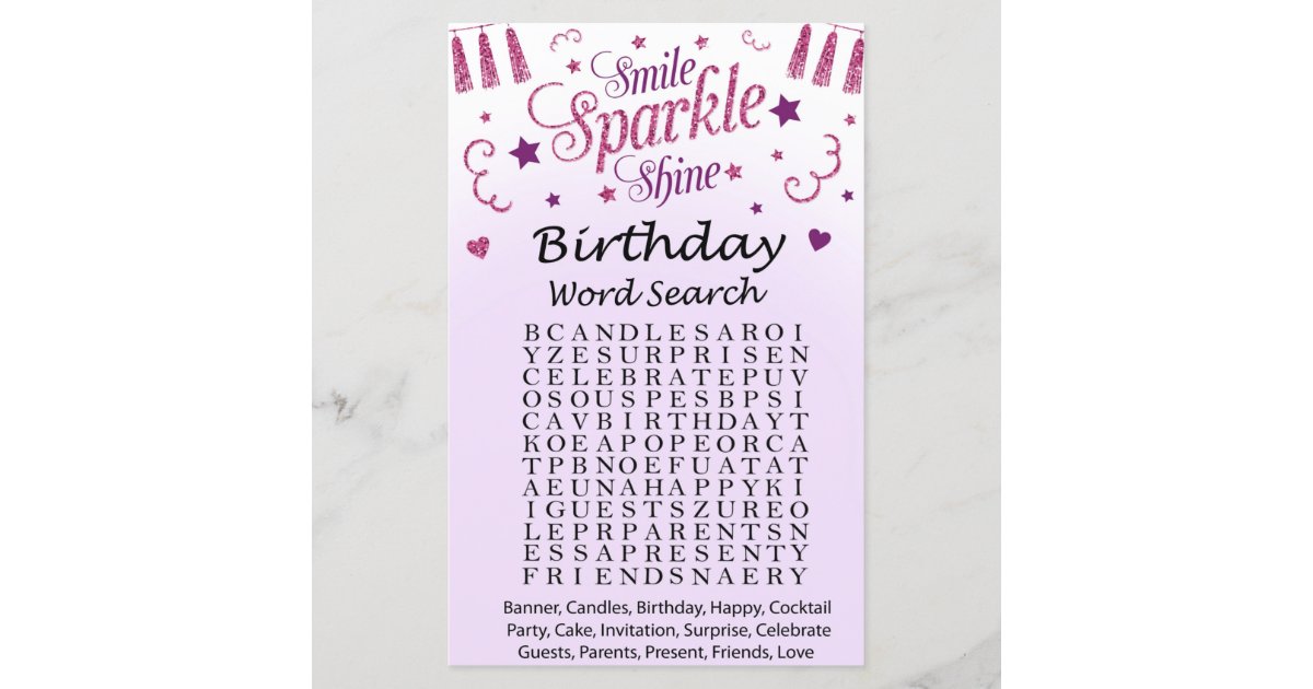 Pink glitter Birthday Word Search Game | Zazzle