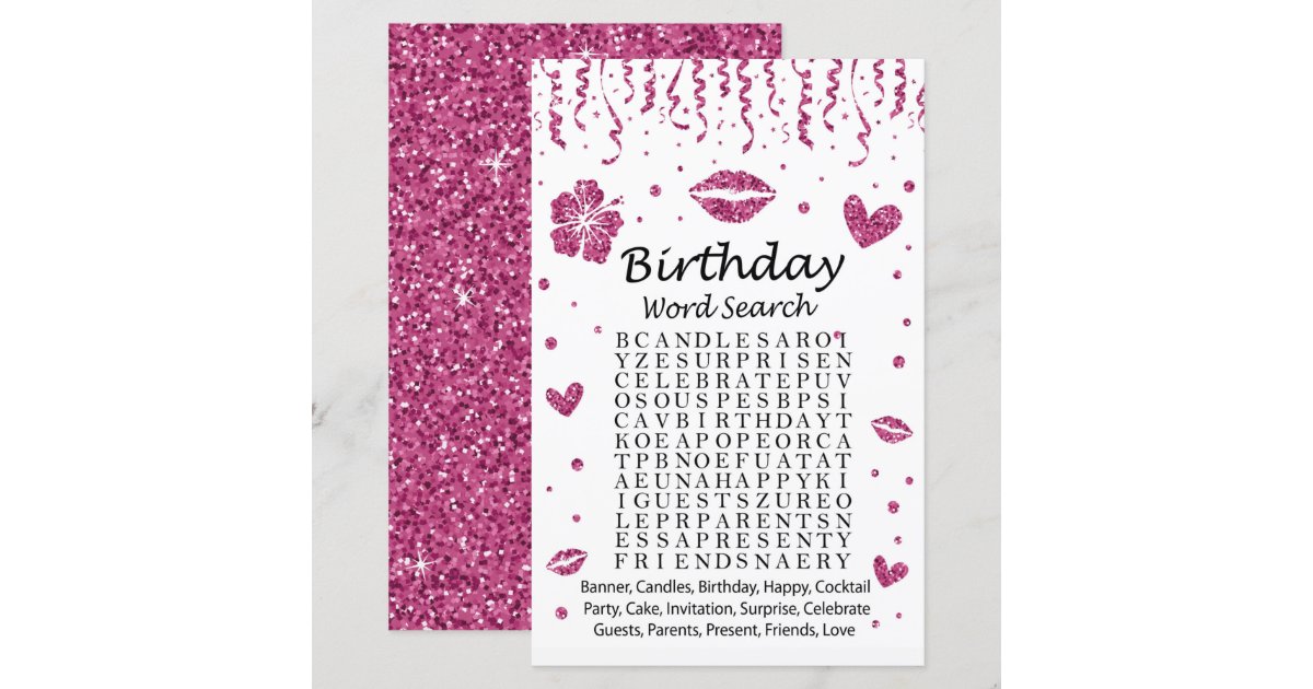 Pink glitter Birthday Word Search Game | Zazzle