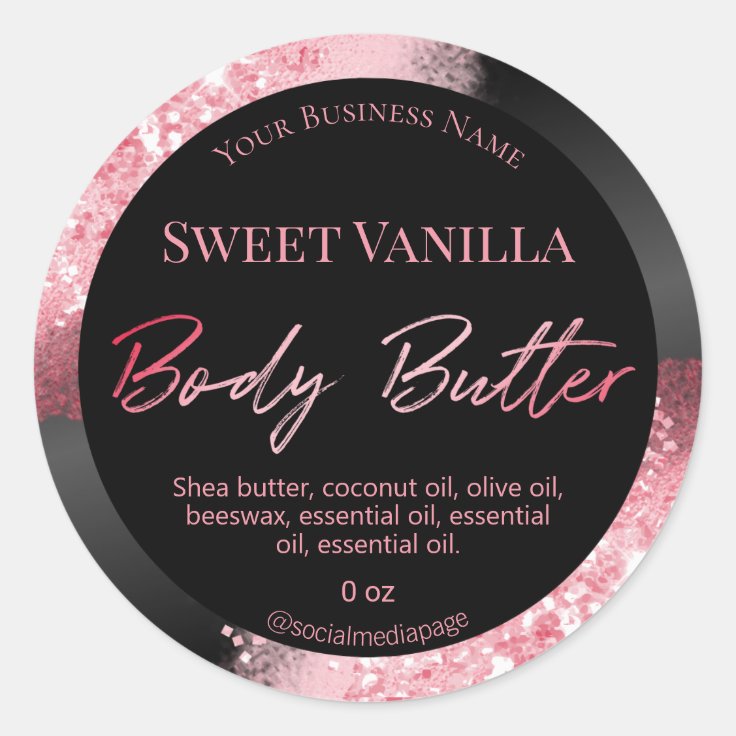 Pink Glitter Black Body Butter Labels | Zazzle
