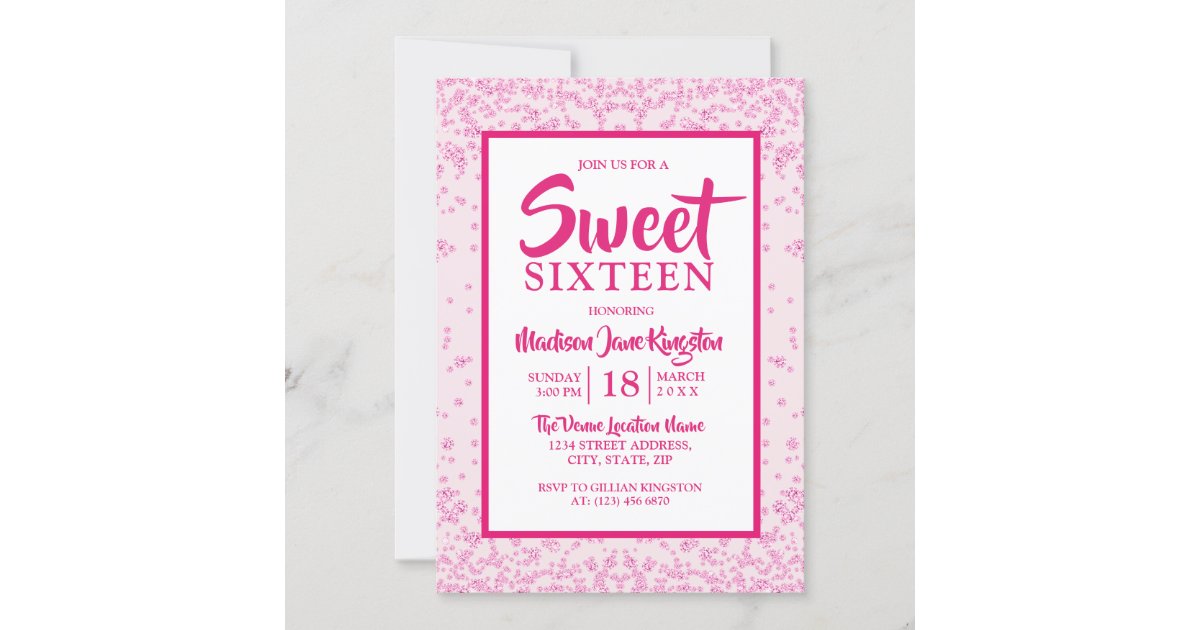 Pink Glitter Border Girly Sweet 16 Party Invite | Zazzle