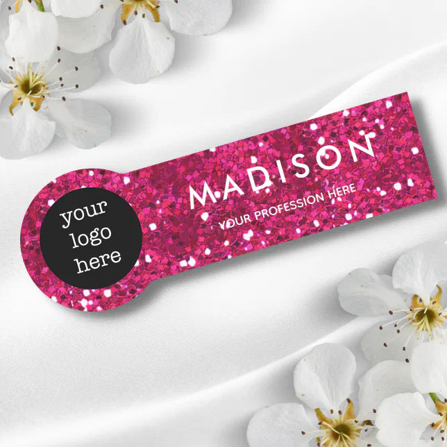 Pink Glitter business Employee Name Logo Badge | Zazzle
