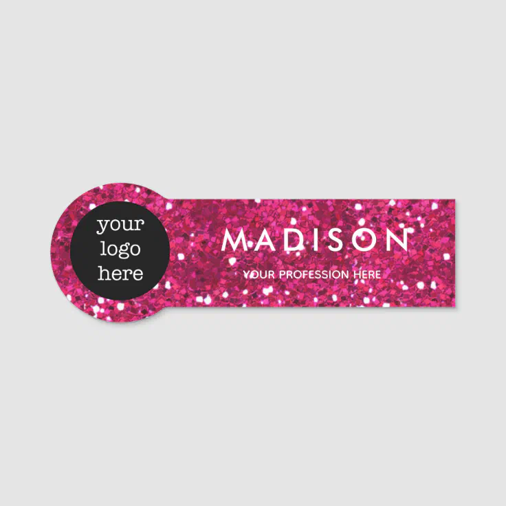 Pink Glitter business Employee Name Logo Badge | Zazzle