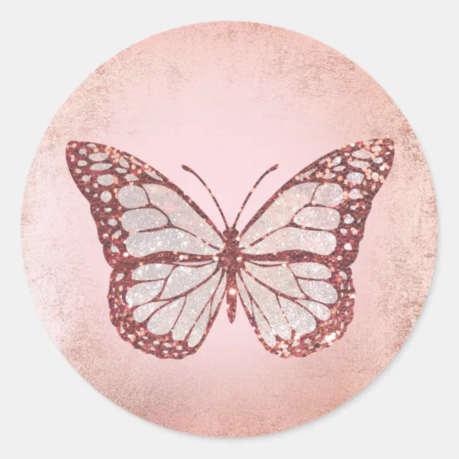 pink glitter butterfly classic round sticker | Zazzle