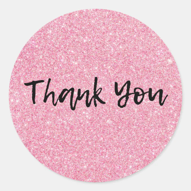 Pink Glitter Calligraphy Thank You Classic Round Sticker | Zazzle