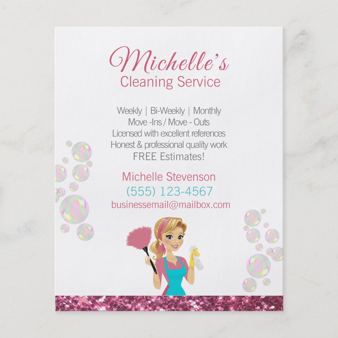 Pink Glitter Cartoon Maid House Cleaning Service Flyer | Zazzle