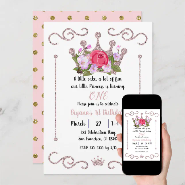 Pink Glitter Crown Floral ONE 1st Birthday Party Invitation | Zazzle