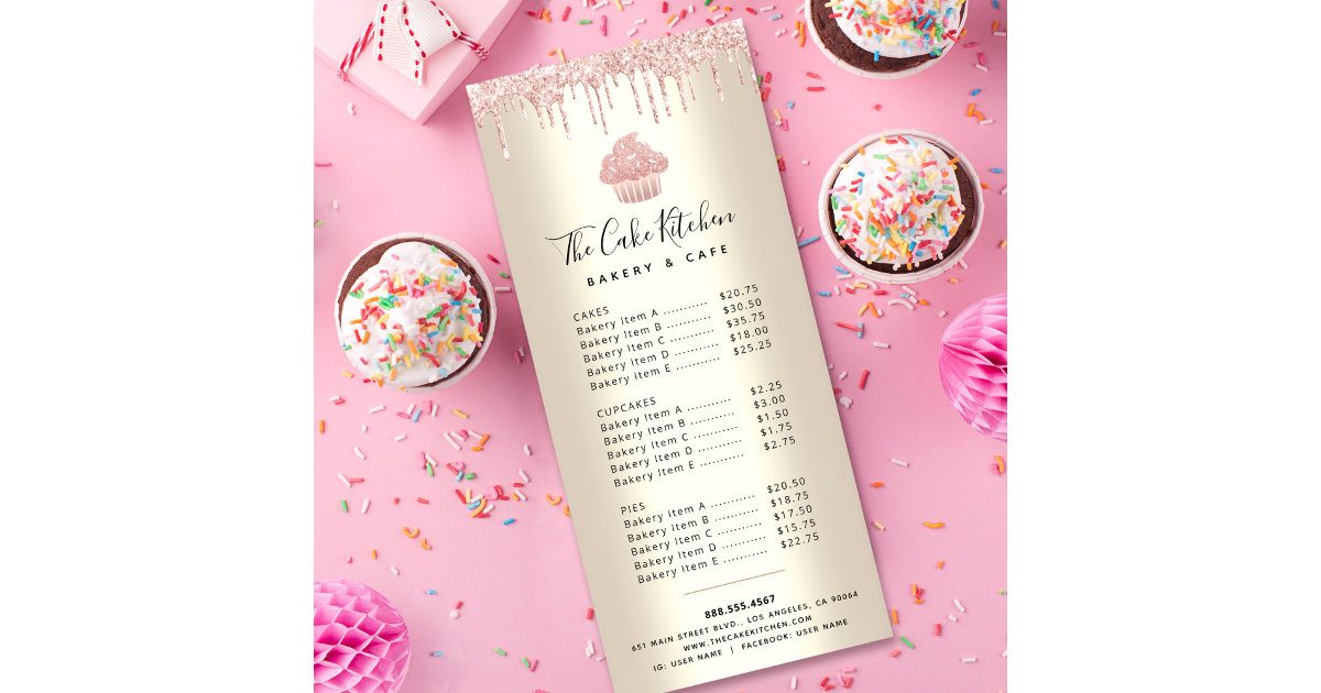 Pink Glitter Cupcake Gold Bakery Pastry Chef Menu | Zazzle